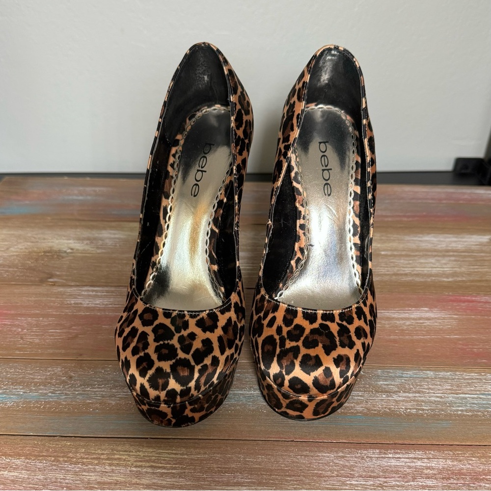 Bebe Satin Leopard Animal Print Platform Stilettos 5”… - Gem